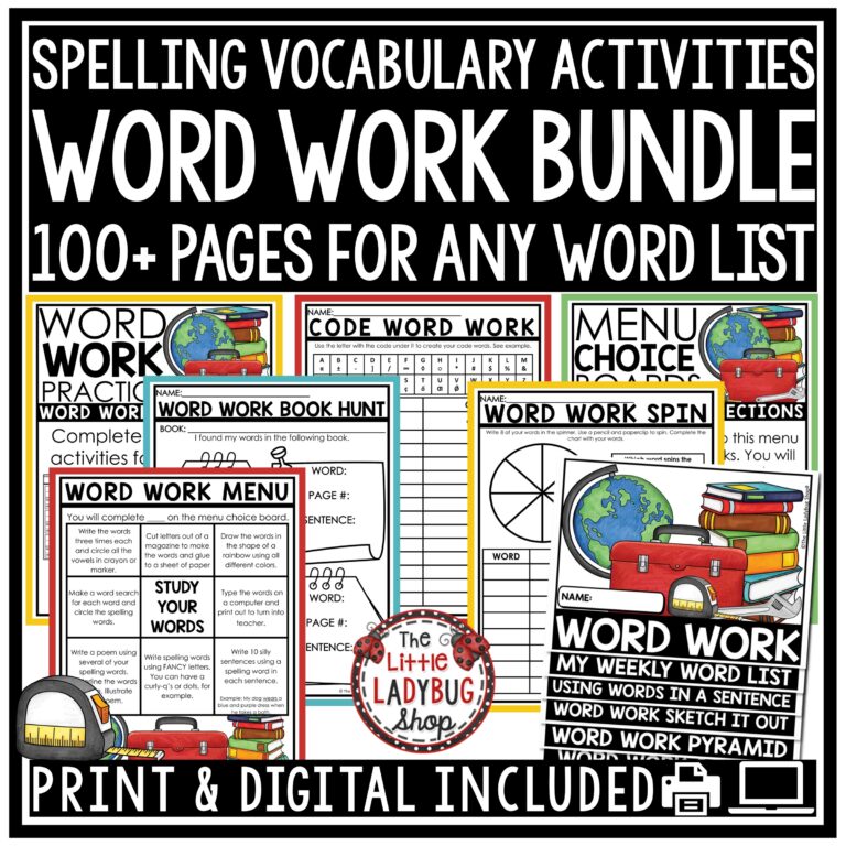 Word Work Spelling Activities Vocabulary Worksheets - The Little ...