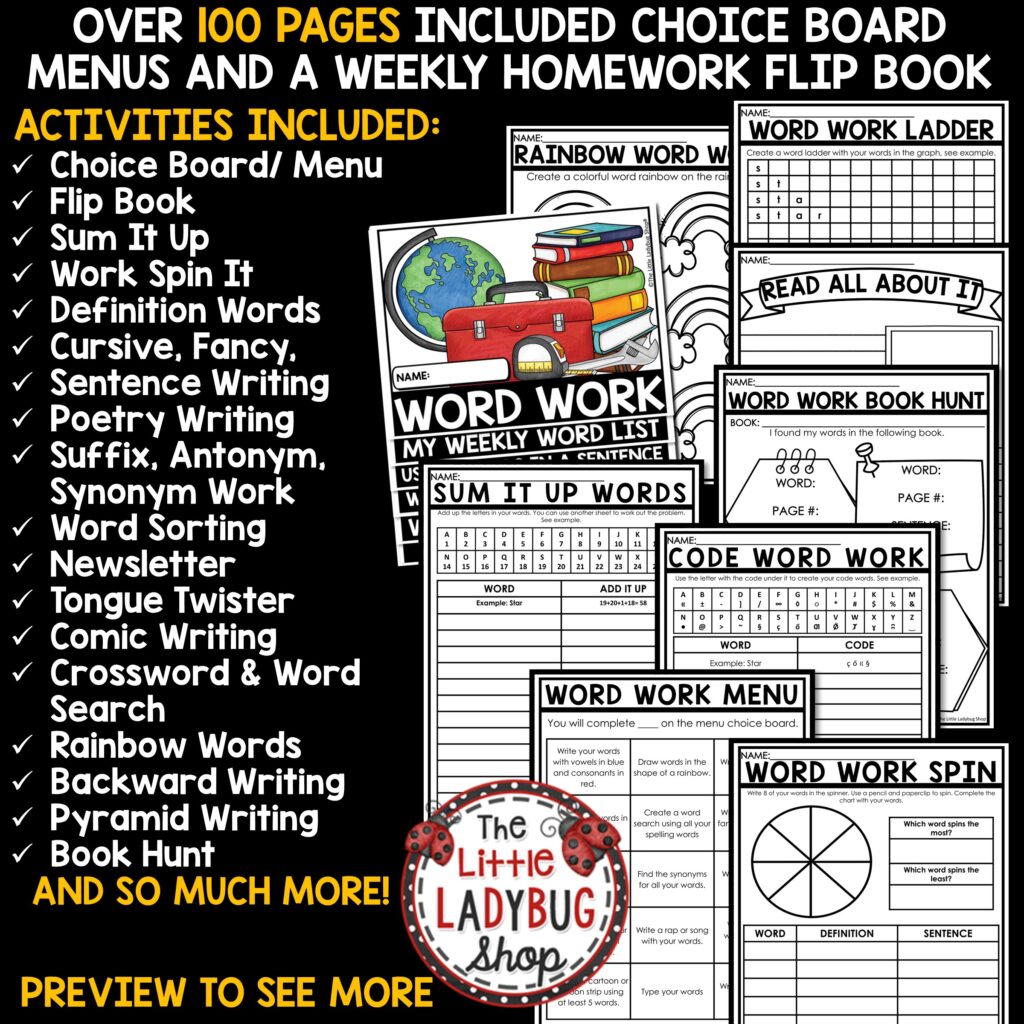 Word Work Spelling Activities Vocabulary Worksheets - The Little ...