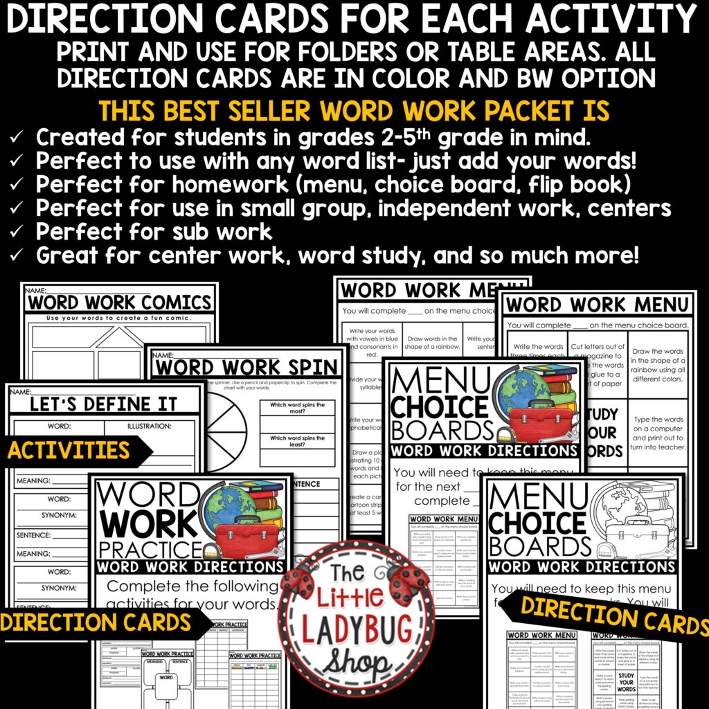 Word Work Spelling Activities Vocabulary Worksheets - The Little ...