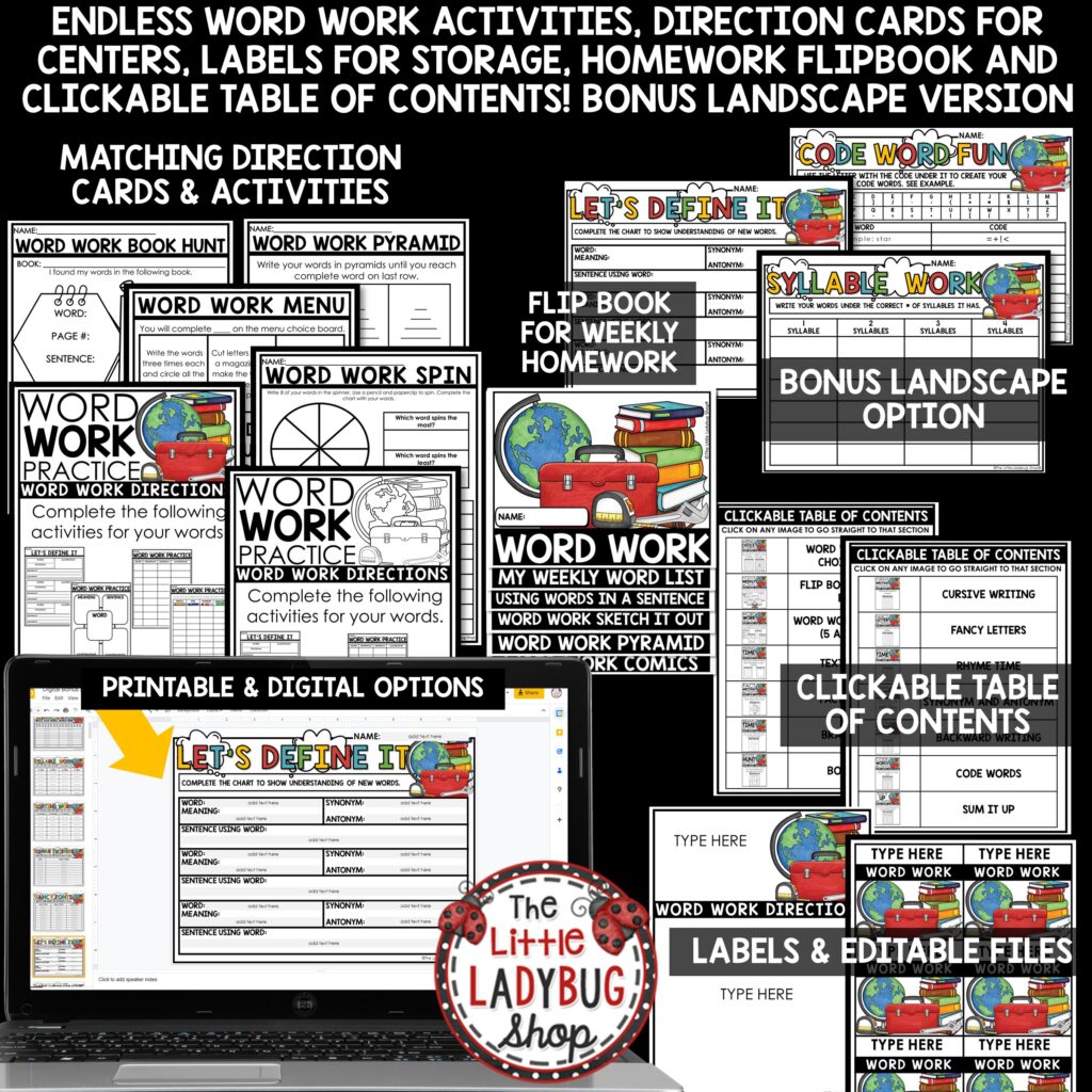 Word Work Spelling Activities Vocabulary Worksheets - The Little ...
