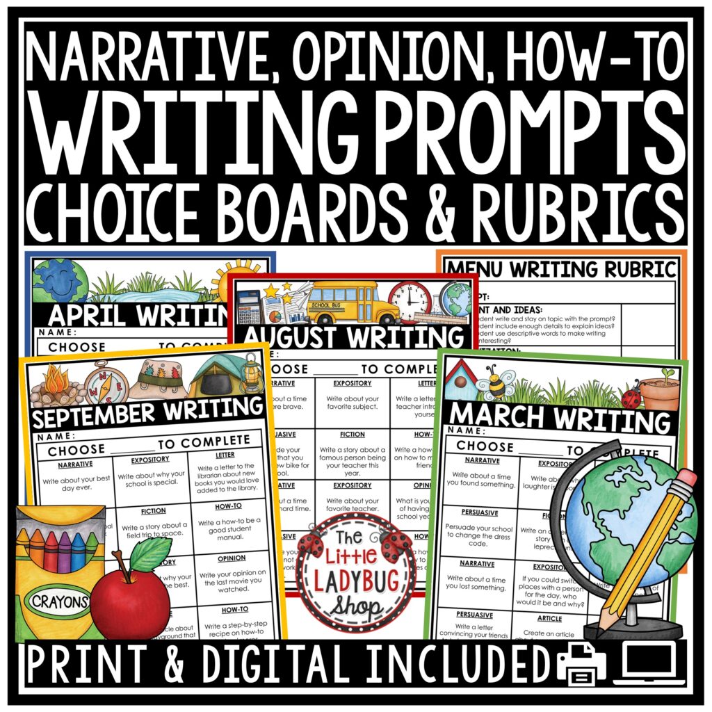 Narrative Opinion Writing Prompts Choice Boards - The Little Ladybug Shop