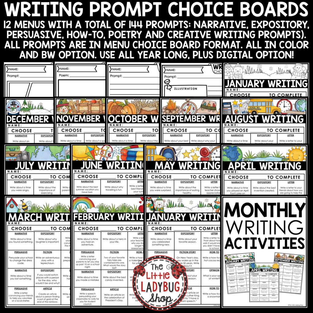 Narrative Opinion Writing Prompts Choice Boards - The Little Ladybug Shop