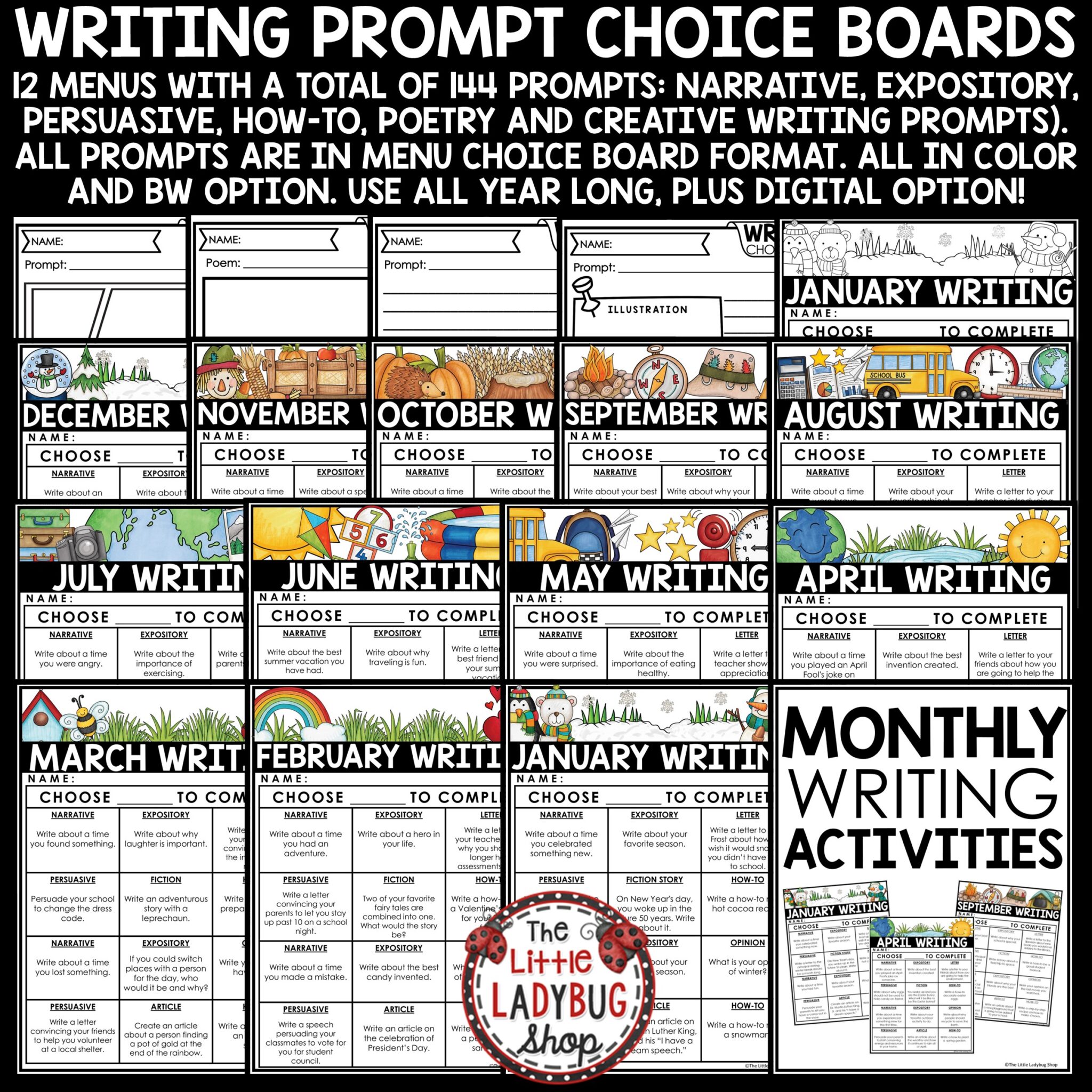 Narrative Opinion Writing Prompts Choice Boards - The Little Ladybug Shop
