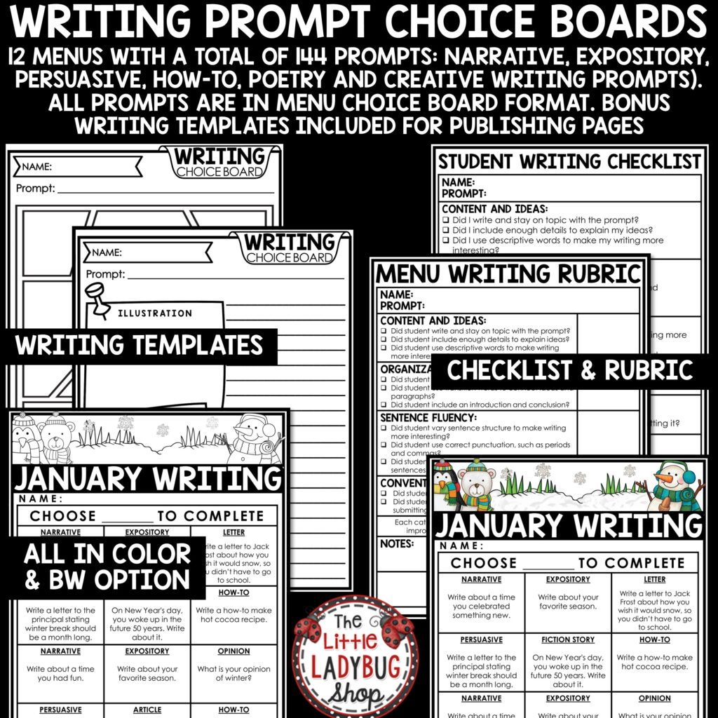 Narrative Opinion Writing Prompts Choice Boards - The Little Ladybug Shop