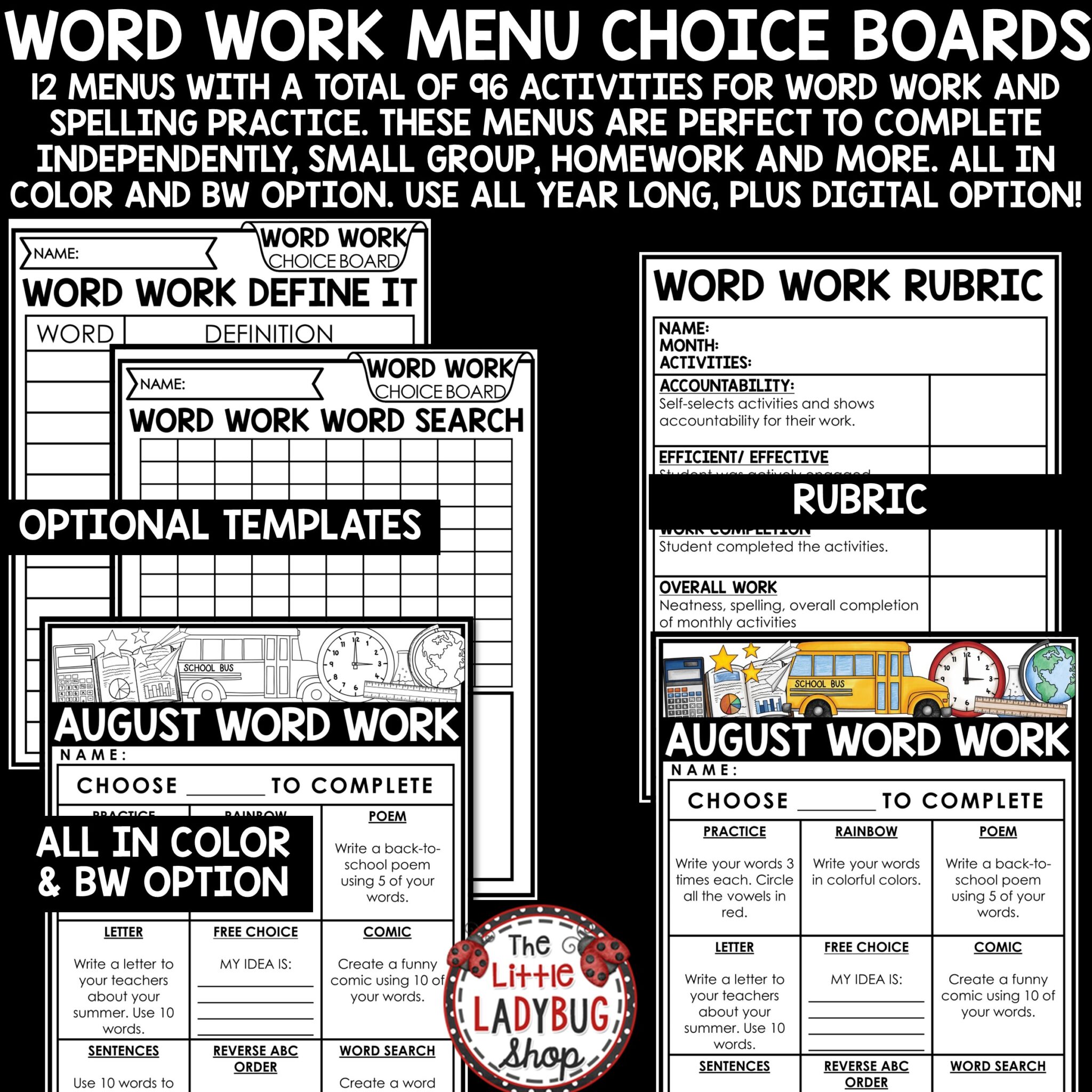 Spelling Word Work Choice Boards 3rd 4th Grade - The Little Ladybug Shop