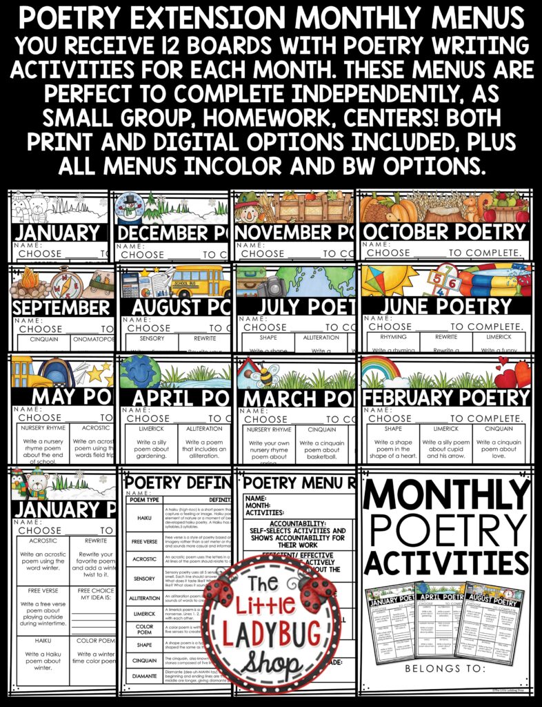 Poetry Writing Activities Choice Boards - The Little Ladybug Shop