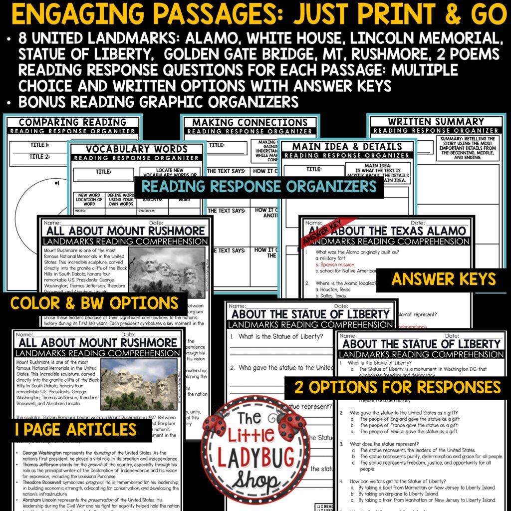 American US Landmarks Symbols Reading Comprehension Passages - The ...