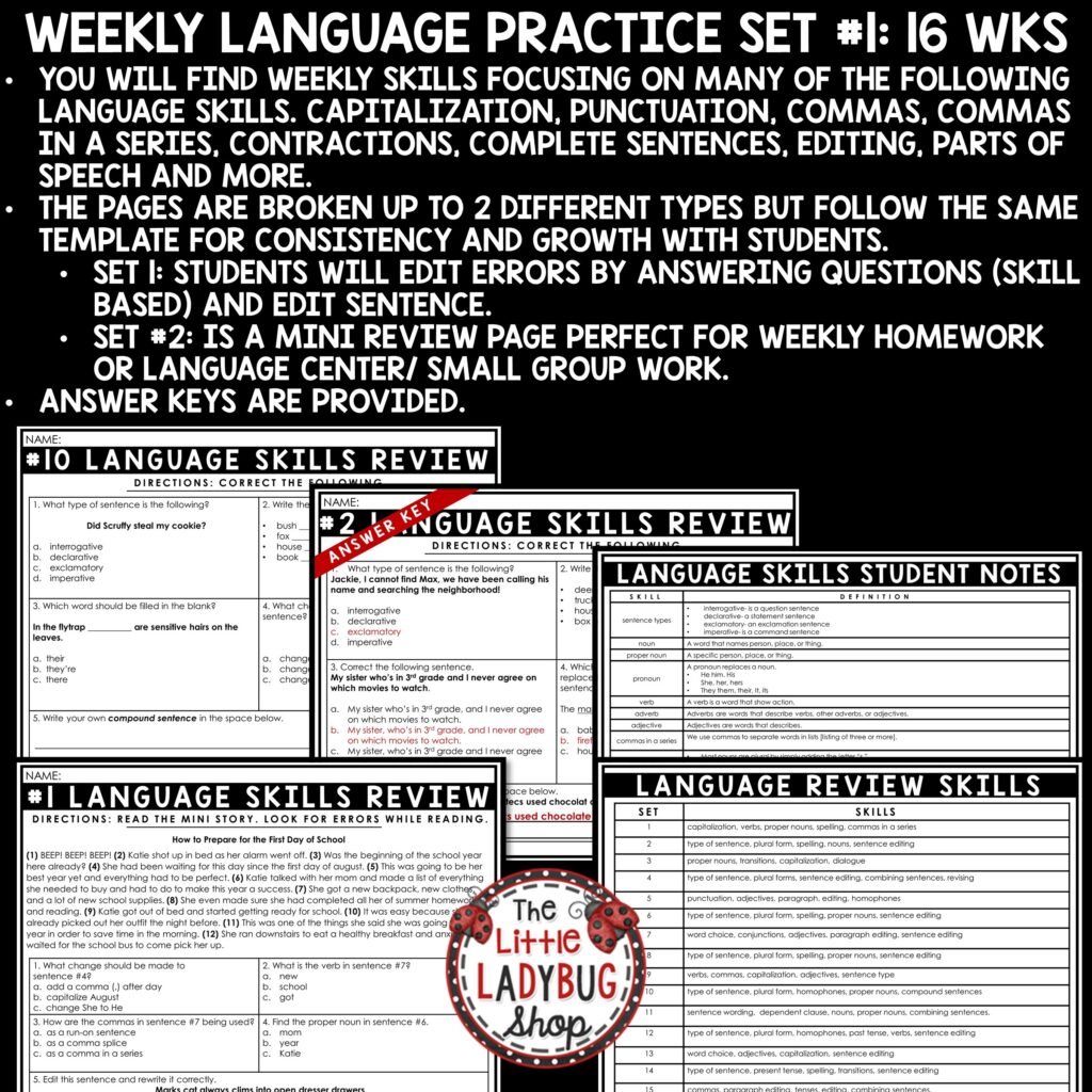 Grammar Language Review Worksheets Practice - The Little Ladybug Shop Grammar Language Review Worksheets Practice - The Little Ladybug Shop