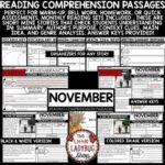 November Reading Comprehension Passages & Questions 3rd Grade, 4th ...