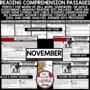 November Reading Comprehension Passages & Questions 3rd Grade, 4th ...