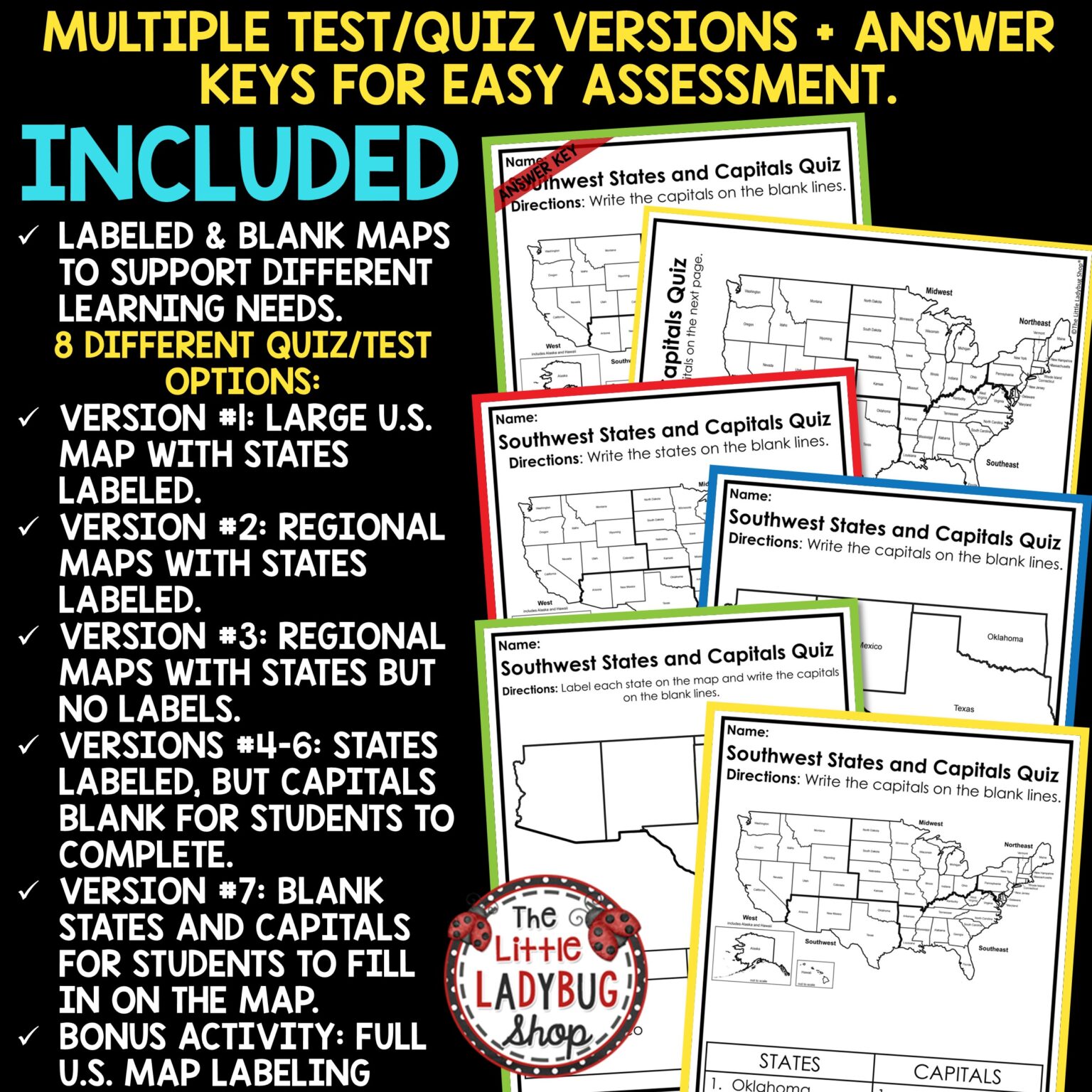United States US 50 States and Capitals Quiz Test Worksheets - The ...
