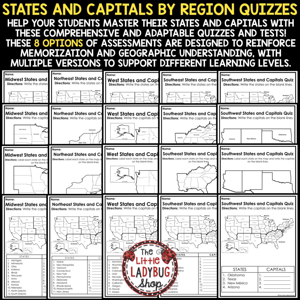 United States US 50 States and Capitals Quiz Test Worksheets - The ...