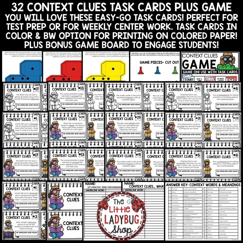 Reading Context Clues Task Cards 3rd 4th Grade - The Little Ladybug Shop