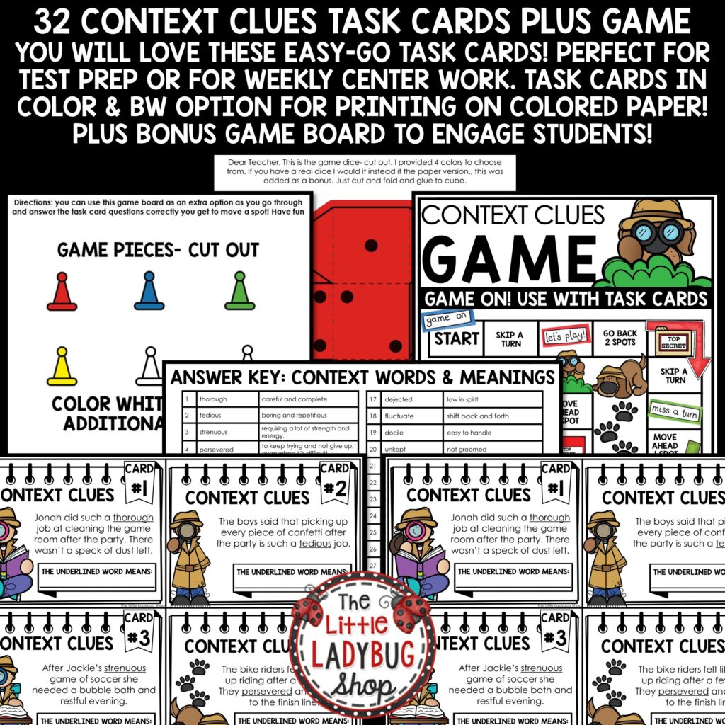 Reading Context Clues Task Cards 3rd 4th Grade - The Little Ladybug Shop