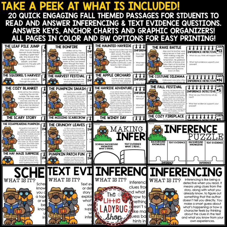 Fall Making Inferences Worksheets 3rd 4th Grade Text Evidence Activity ...