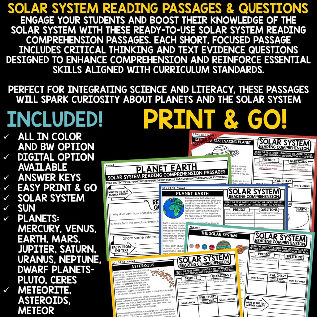 Planets of the Solar System Reading Comprehension Passages - The Little ...