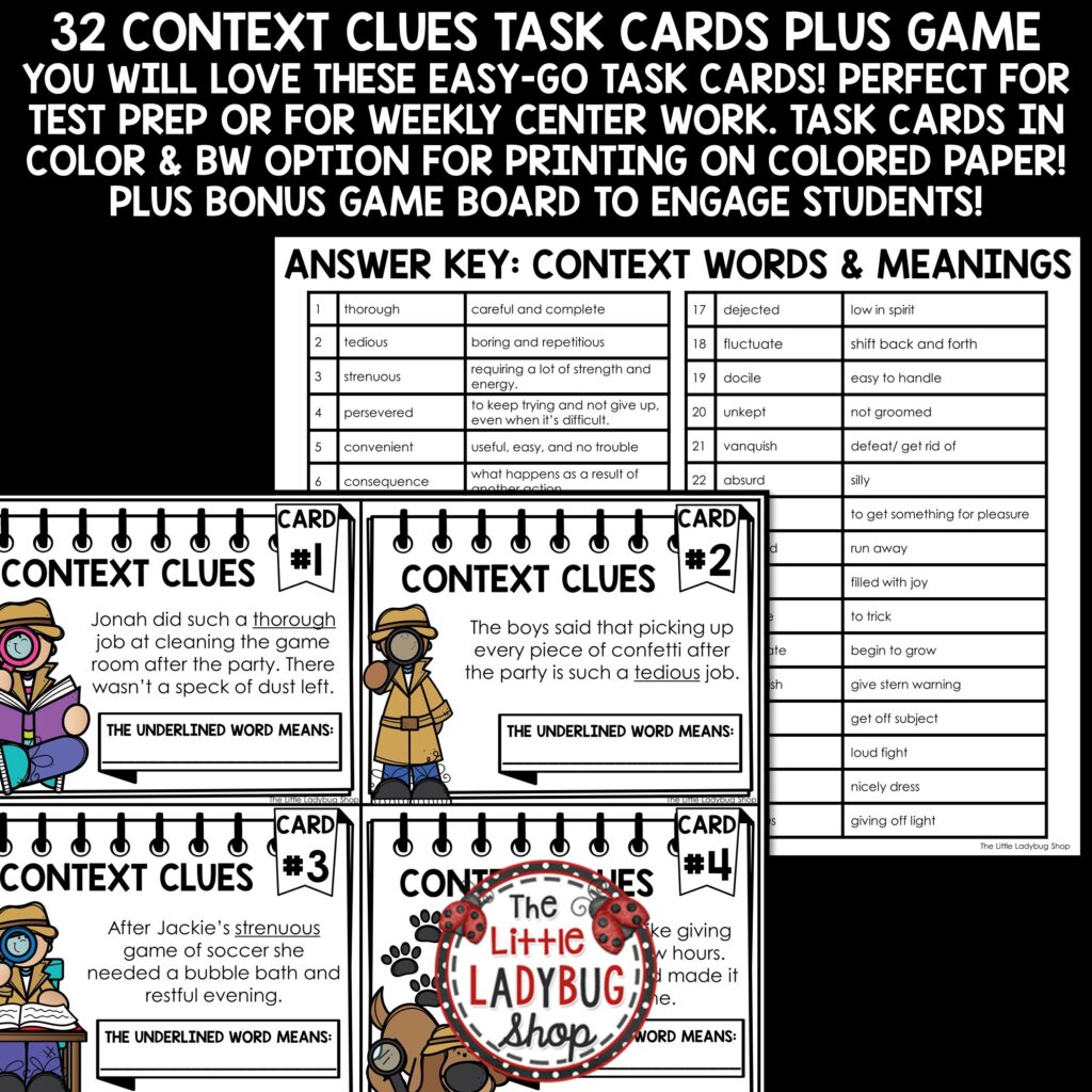 Reading Context Clues Task Cards 3rd 4th Grade - The Little Ladybug Shop