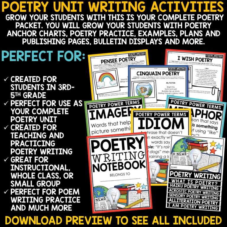 Elements Poetry Writing Unit Notebook Activities 3rd 4th Grade - The ...