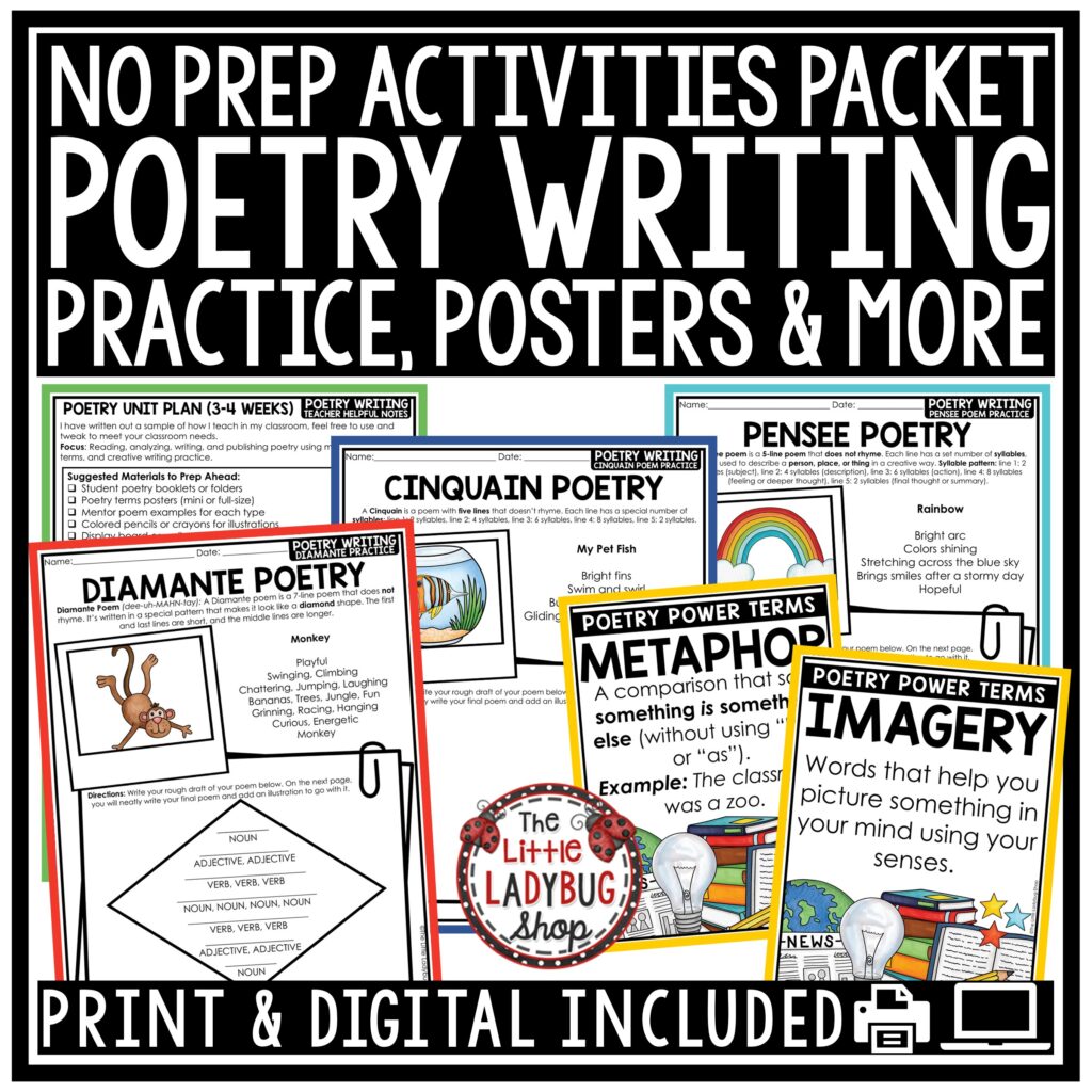 Elements Poetry Writing Unit Notebook Activities 3rd 4th Grade - The ...