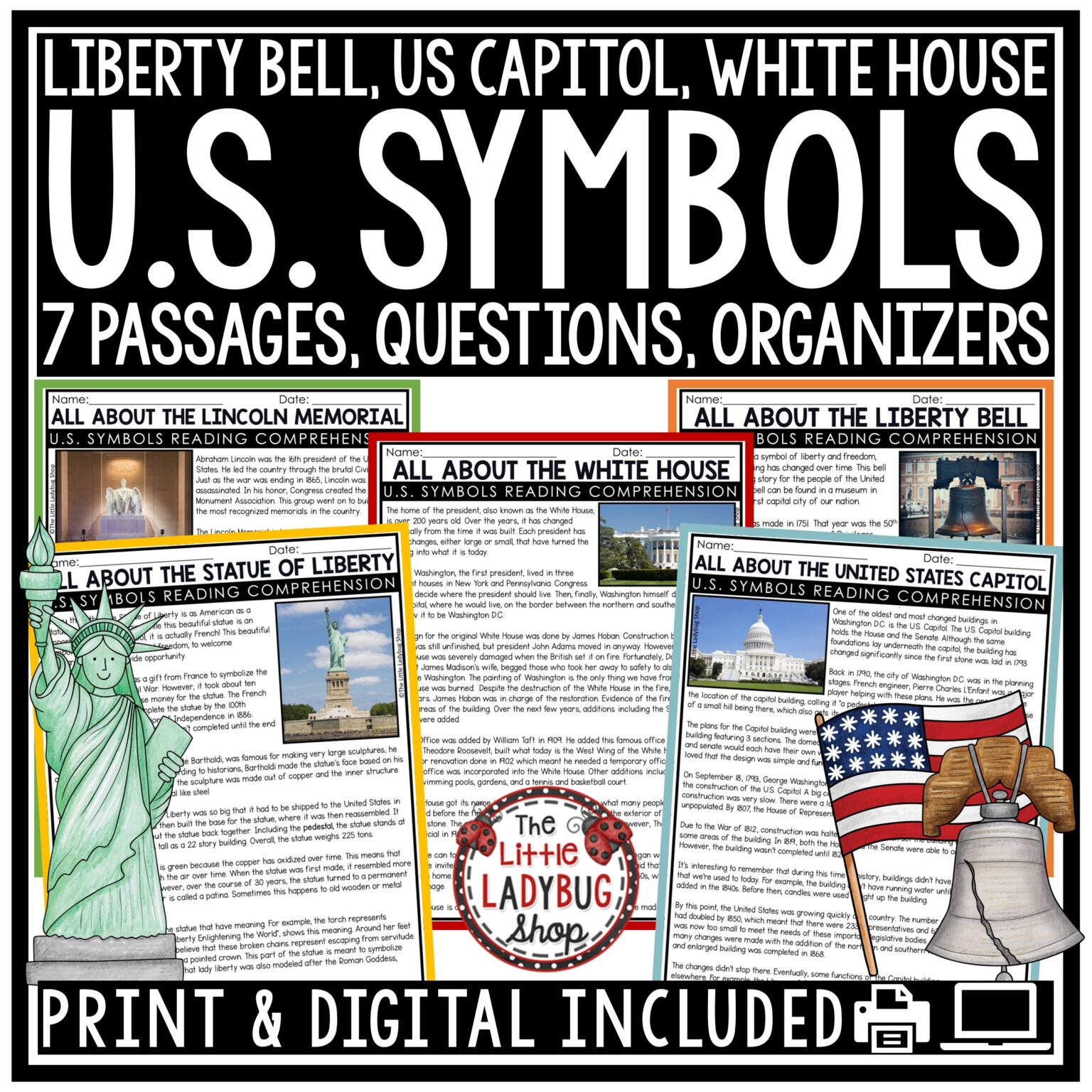 US American Symbols Reading Comprehension Passages 3rd 4th Grade - The ...