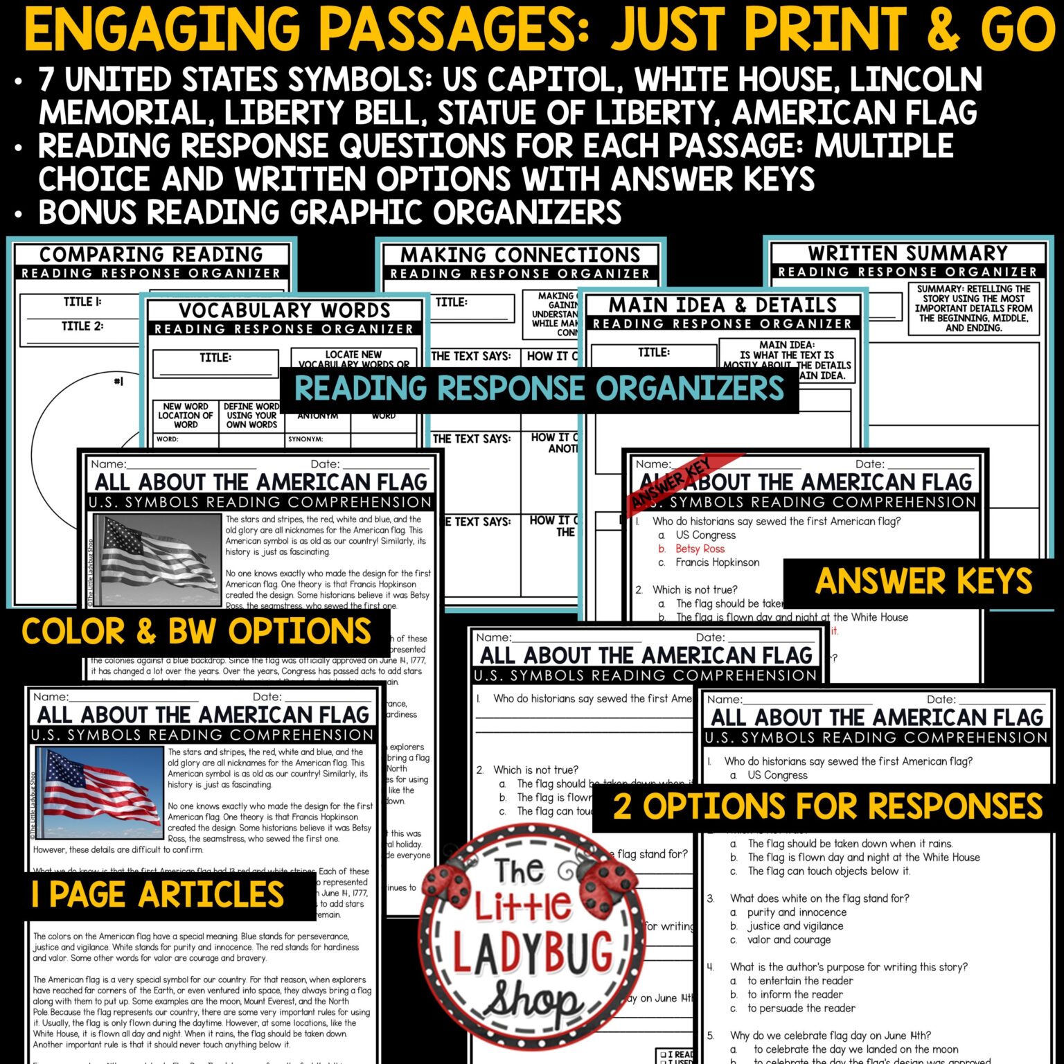 US American Symbols Reading Comprehension Passages 3rd 4th Grade - The ...