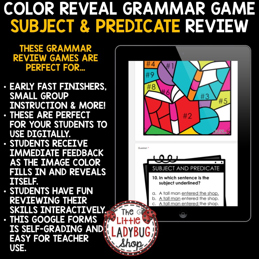 Color By Code Grammar Subject and Predicate Game - The Little Ladybug Shop