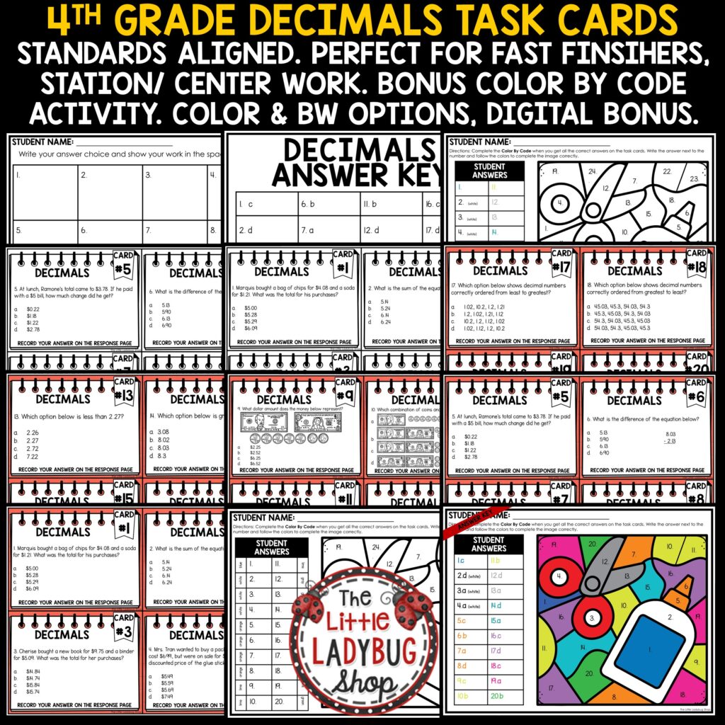 Decimals 4th Grade Math TEKS 4.2 Word Problems - The Little Ladybug Shop