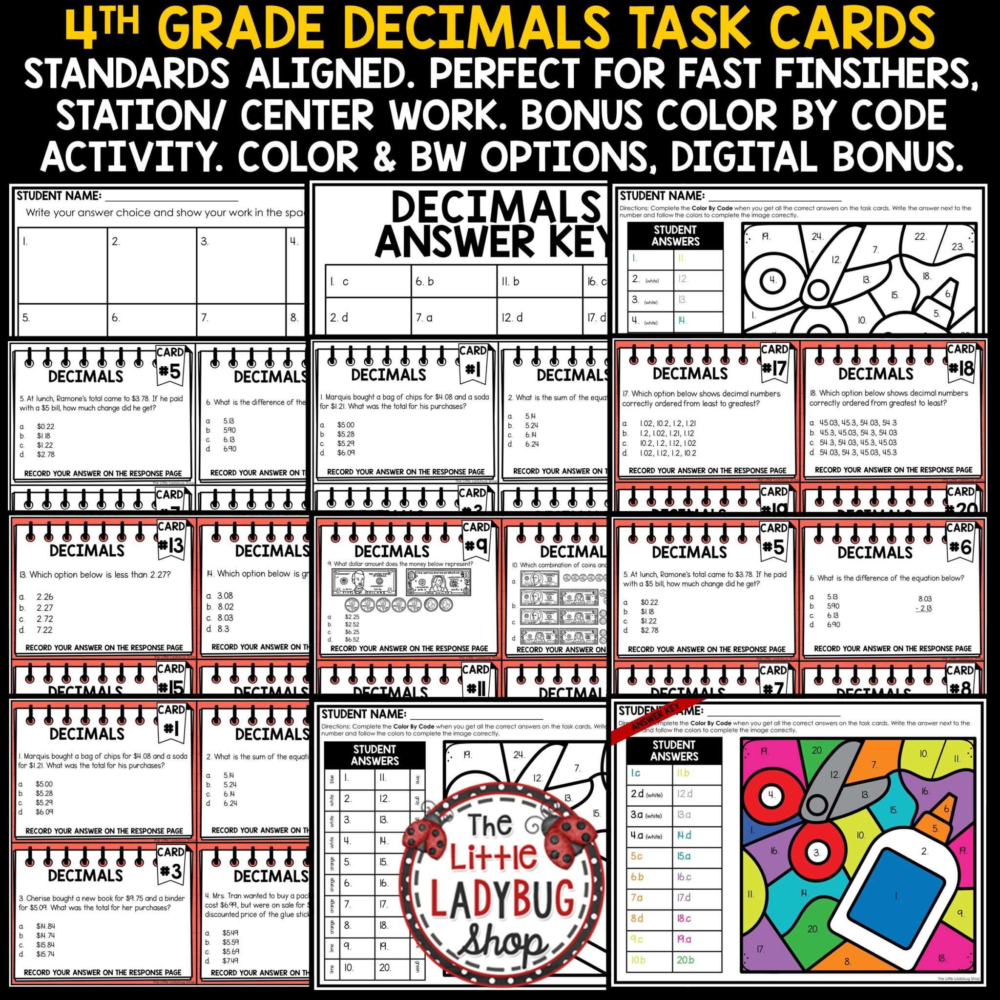 Decimals 4th Grade Math TEKS 4.2 Word Problems - The Little Ladybug Shop