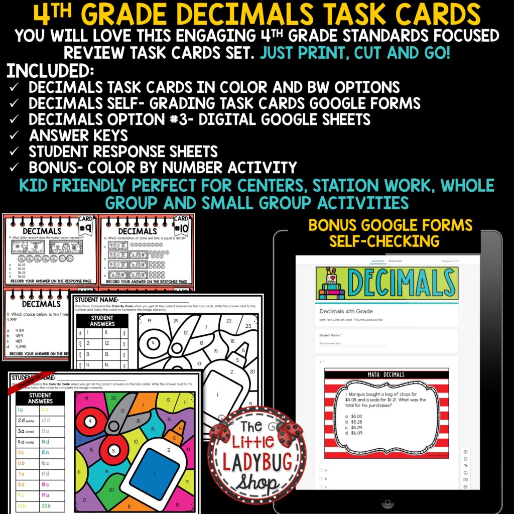 Decimals 4th Grade Math TEKS 4.2 Word Problems - The Little Ladybug Shop