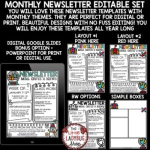 Classroom Monthly Weekly Newsletter Template Editable Parent ...