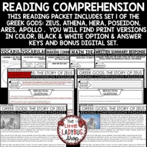 Greek Gods Mythology Reading Comprehension Passages and Questions - The ...