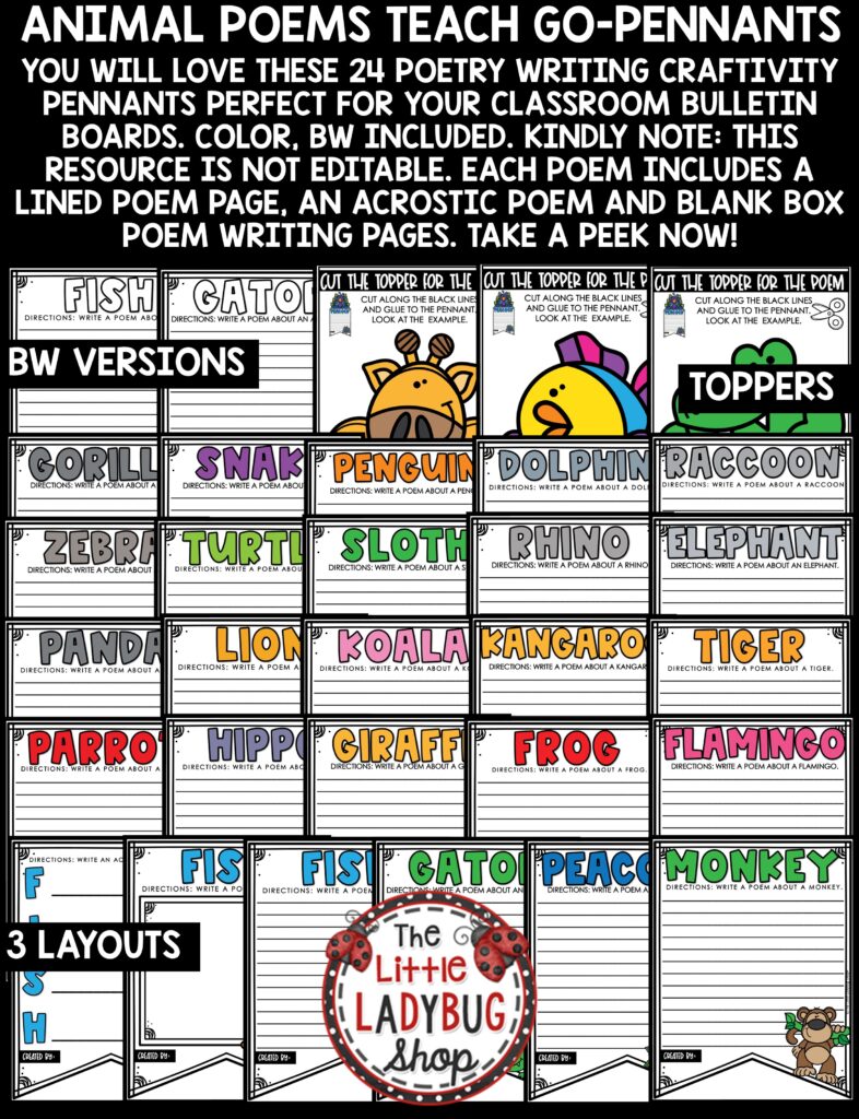 Zoo Animals Poetry Writing Bulletin Board - The Little Ladybug Shop