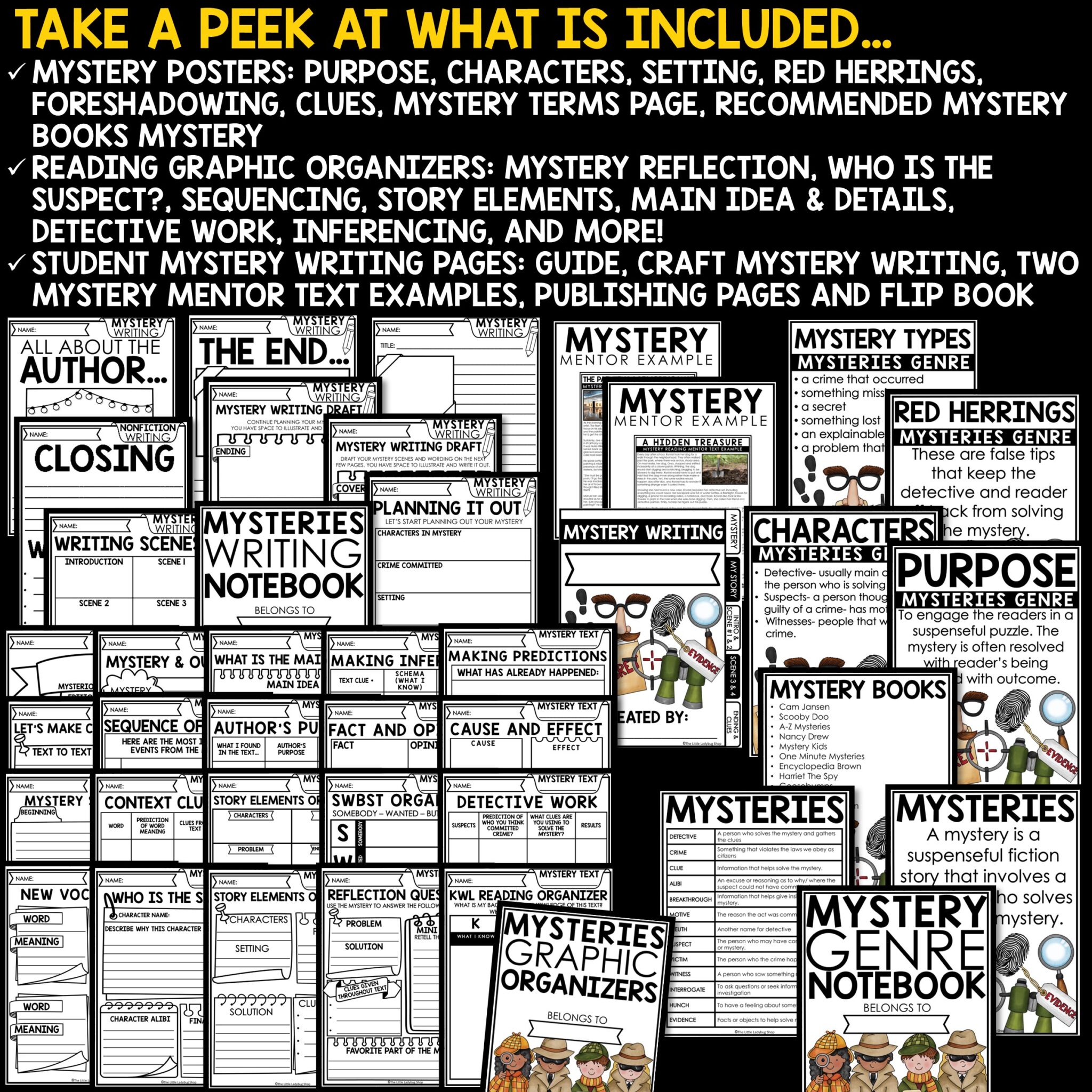 Mystery Genre Reading Writing Graphic Organizers Posters - The Little ...