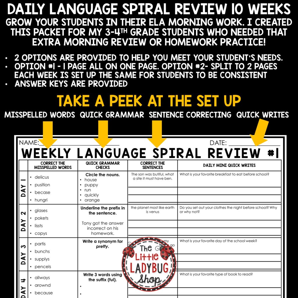 Daily ELA Spiral Language Review Worksheets 3rd 4th Grade - The Little ...