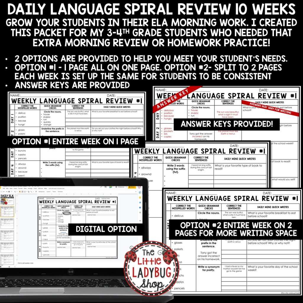 Daily ELA Spiral Language Review Worksheets 3rd 4th Grade - The Little ...