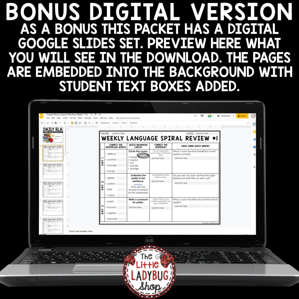 Daily ELA Spiral Language Review Worksheets 3rd 4th Grade - The Little ...