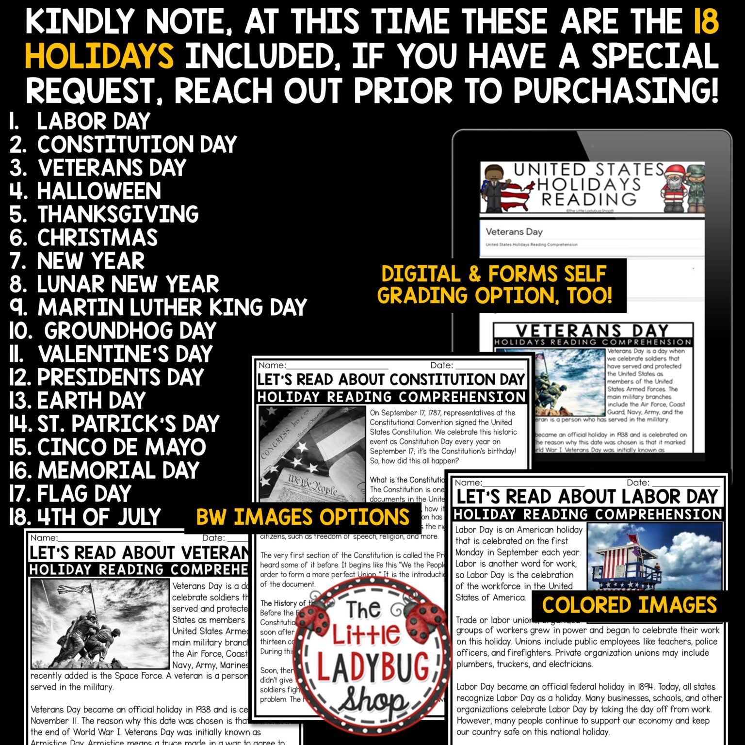 US Holiday Nonfiction Reading Passages - The Little Ladybug Shop