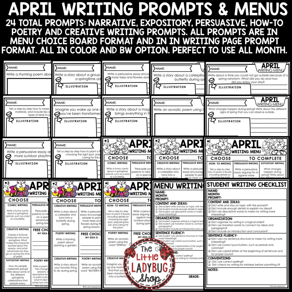 April Writing Prompts Choice Board - The Little Ladybug Shop