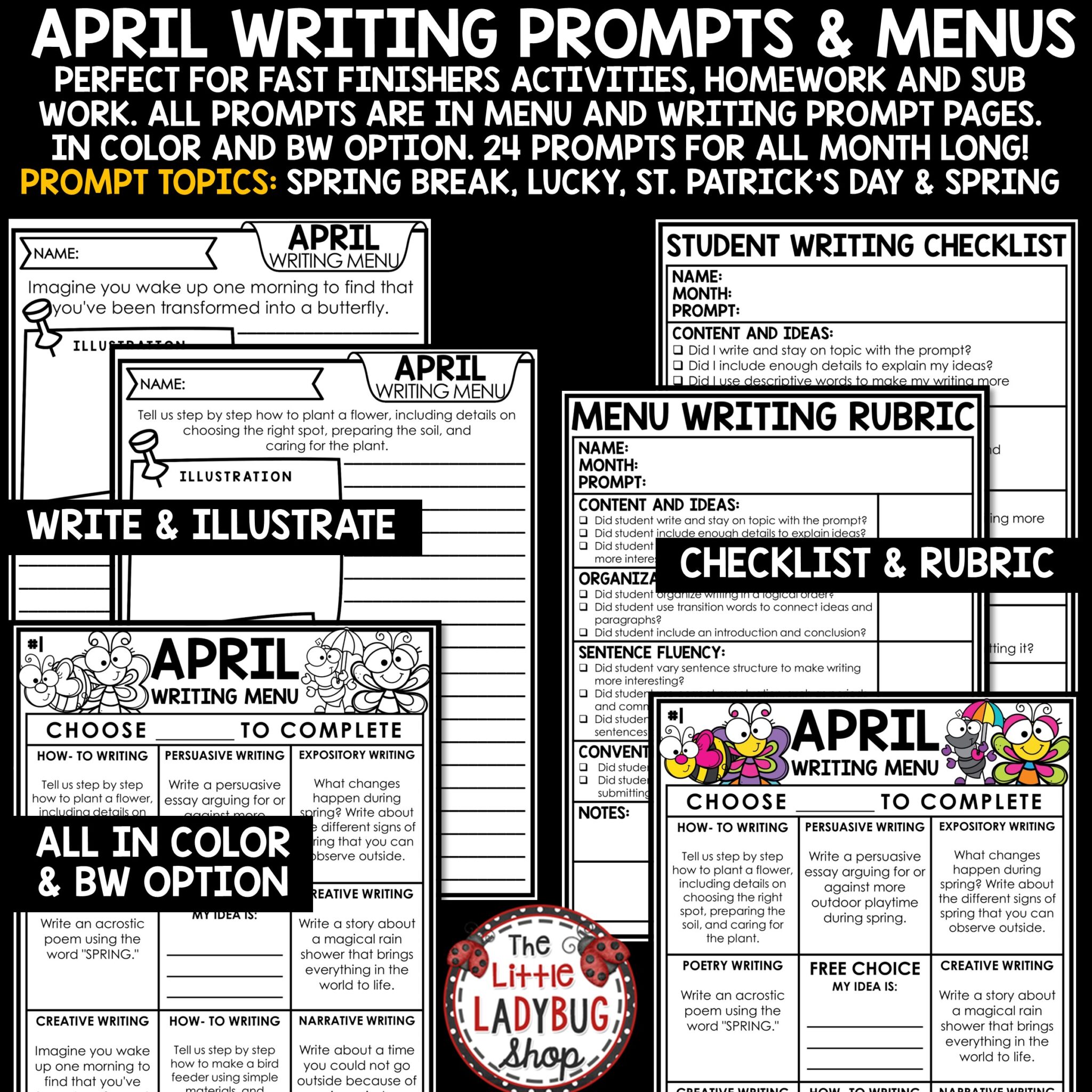 April Writing Prompts Choice Board - The Little Ladybug Shop