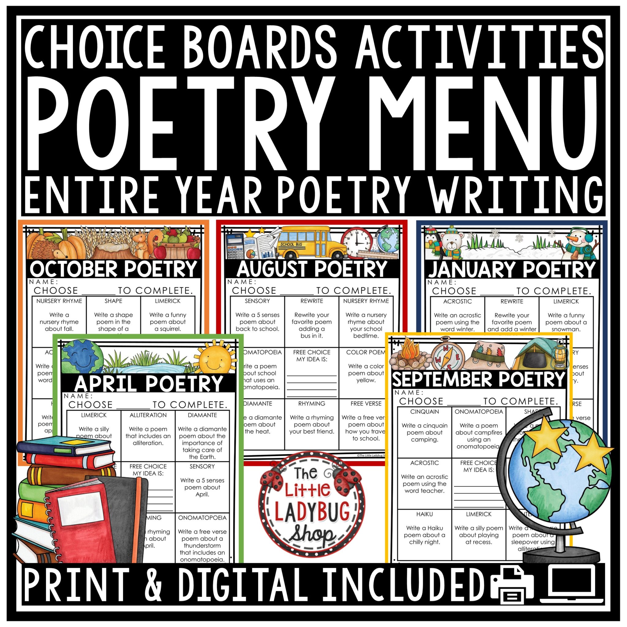 Poetry Writing Activities Choice Boards - The Little Ladybug Shop