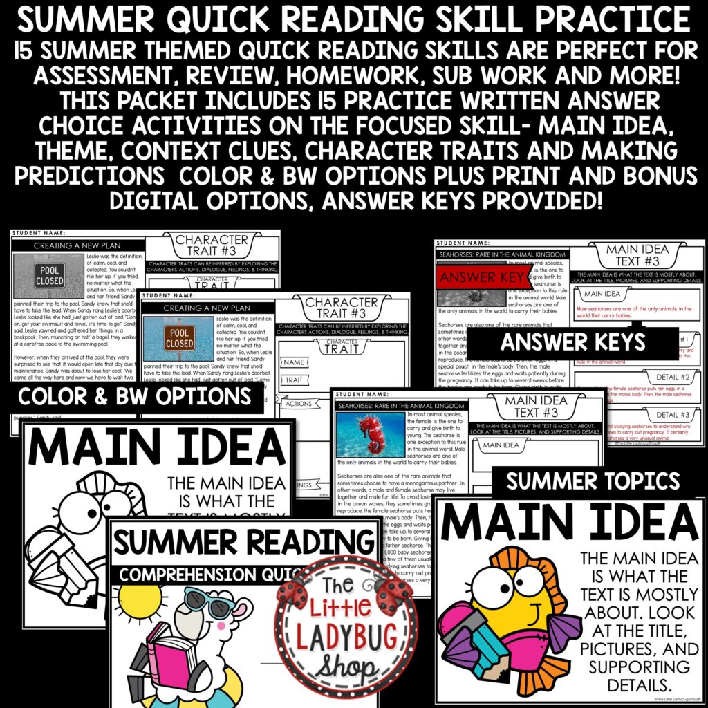 Summer Reading Skills Comprehension - The Little Ladybug Shop