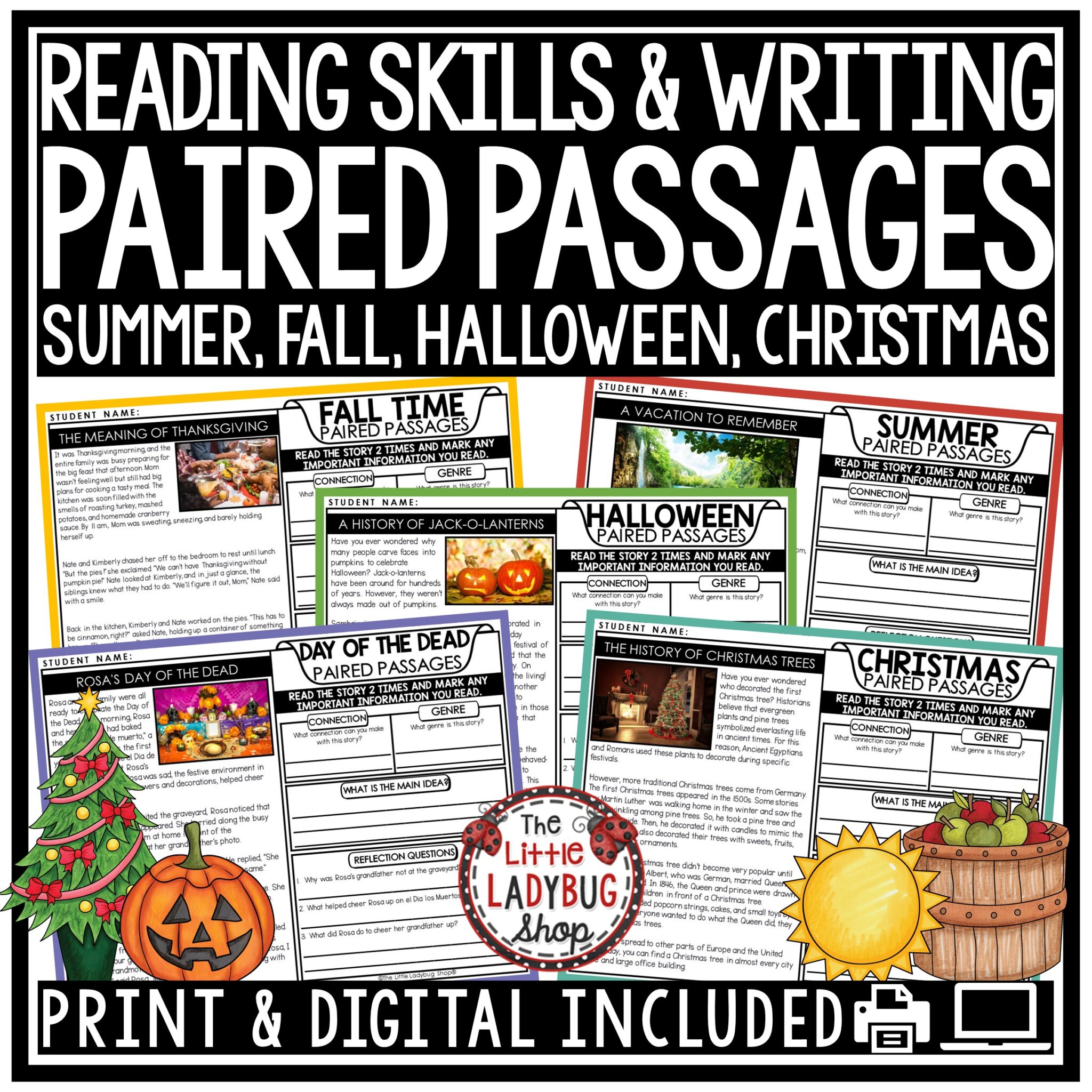 Fall Halloween Christmas Reading Paired Passages with Writing Prompts ...