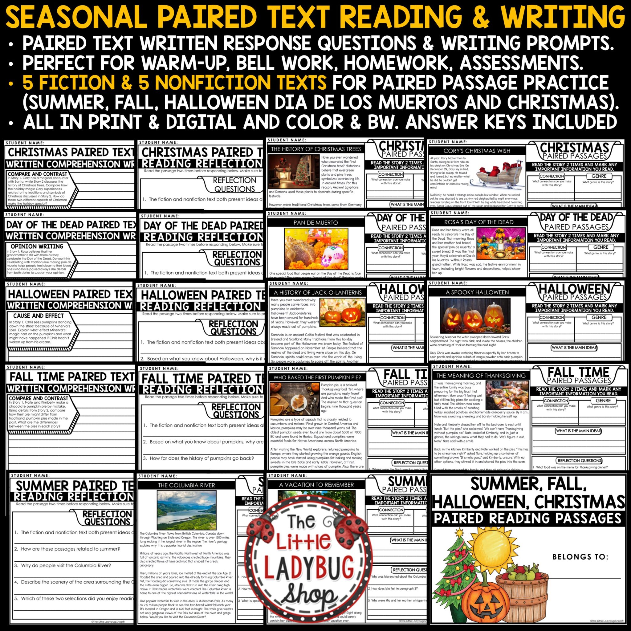 Fall Halloween Christmas Reading Paired Passages with Writing Prompts ...