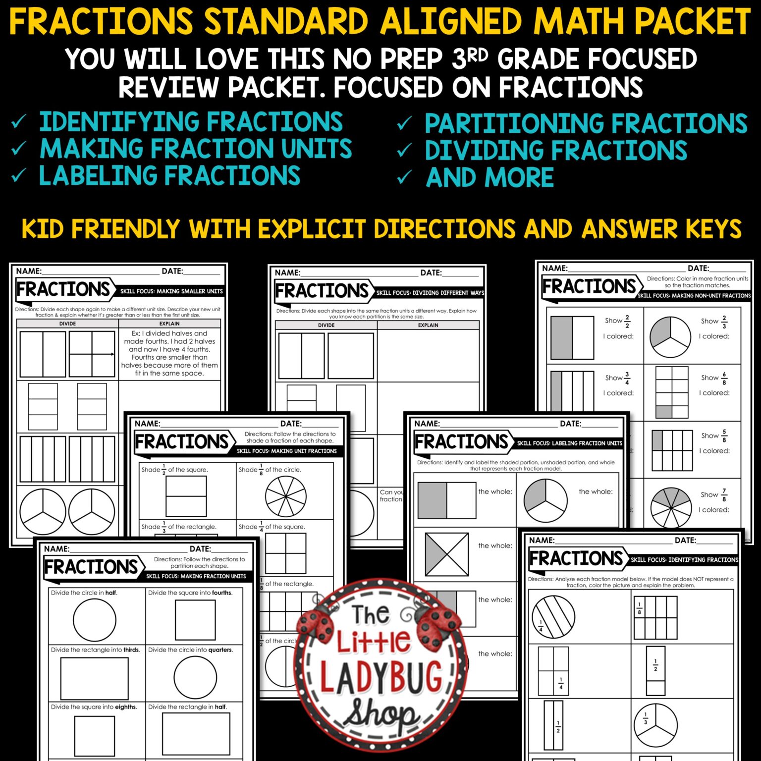 3rd Grade Fractions Review Practice Worksheets - The Little Ladybug Shop