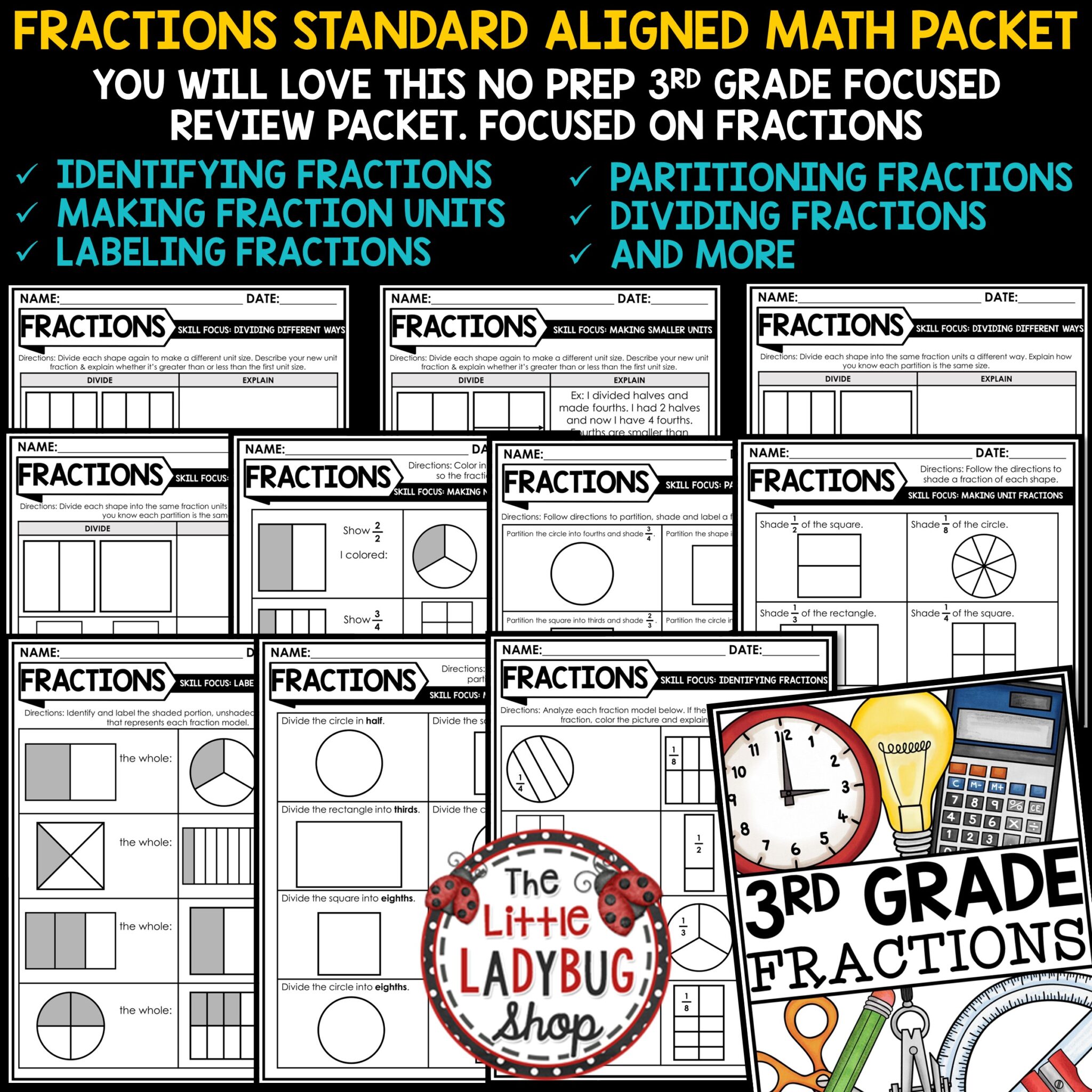3rd Grade Fractions Review Practice Worksheets - The Little Ladybug Shop