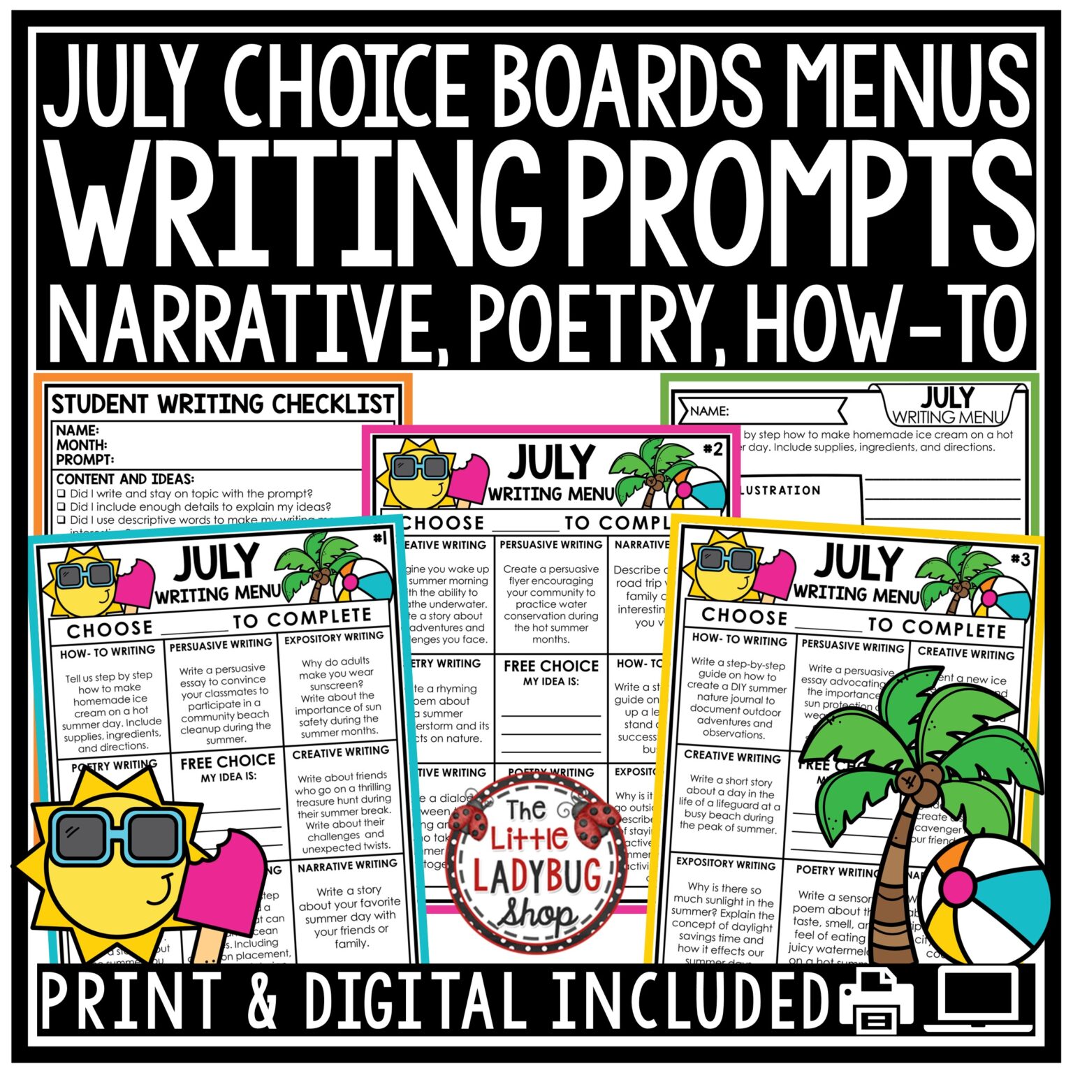 July Writing Prompts Choice Board - The Little Ladybug Shop