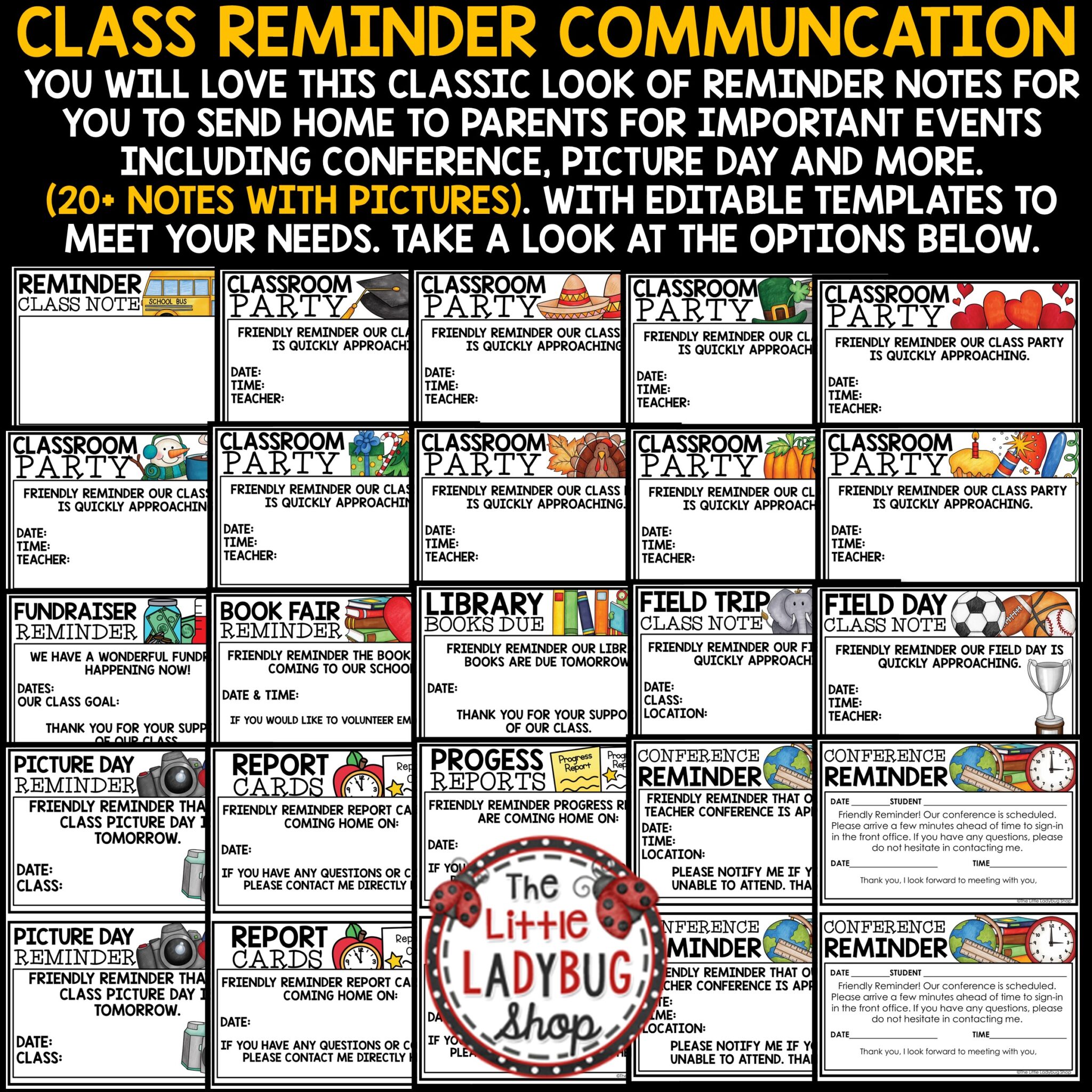 Editable Parent Teacher Conference Reminder Notes - The Little Ladybug Shop