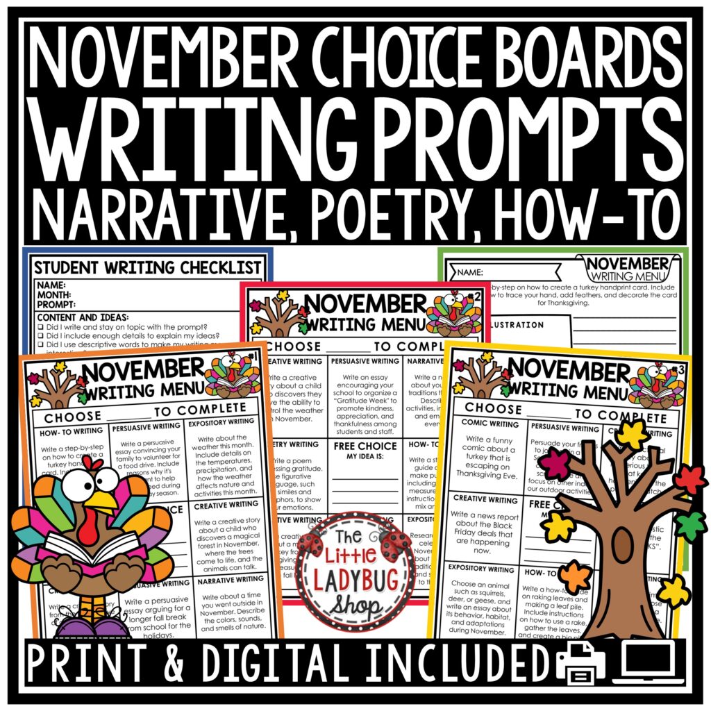 November Writing Prompts Choice Board - The Little Ladybug Shop