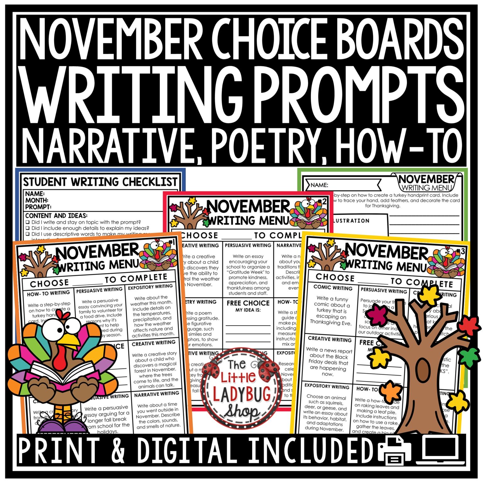 November Writing Prompts Choice Board - The Little Ladybug Shop