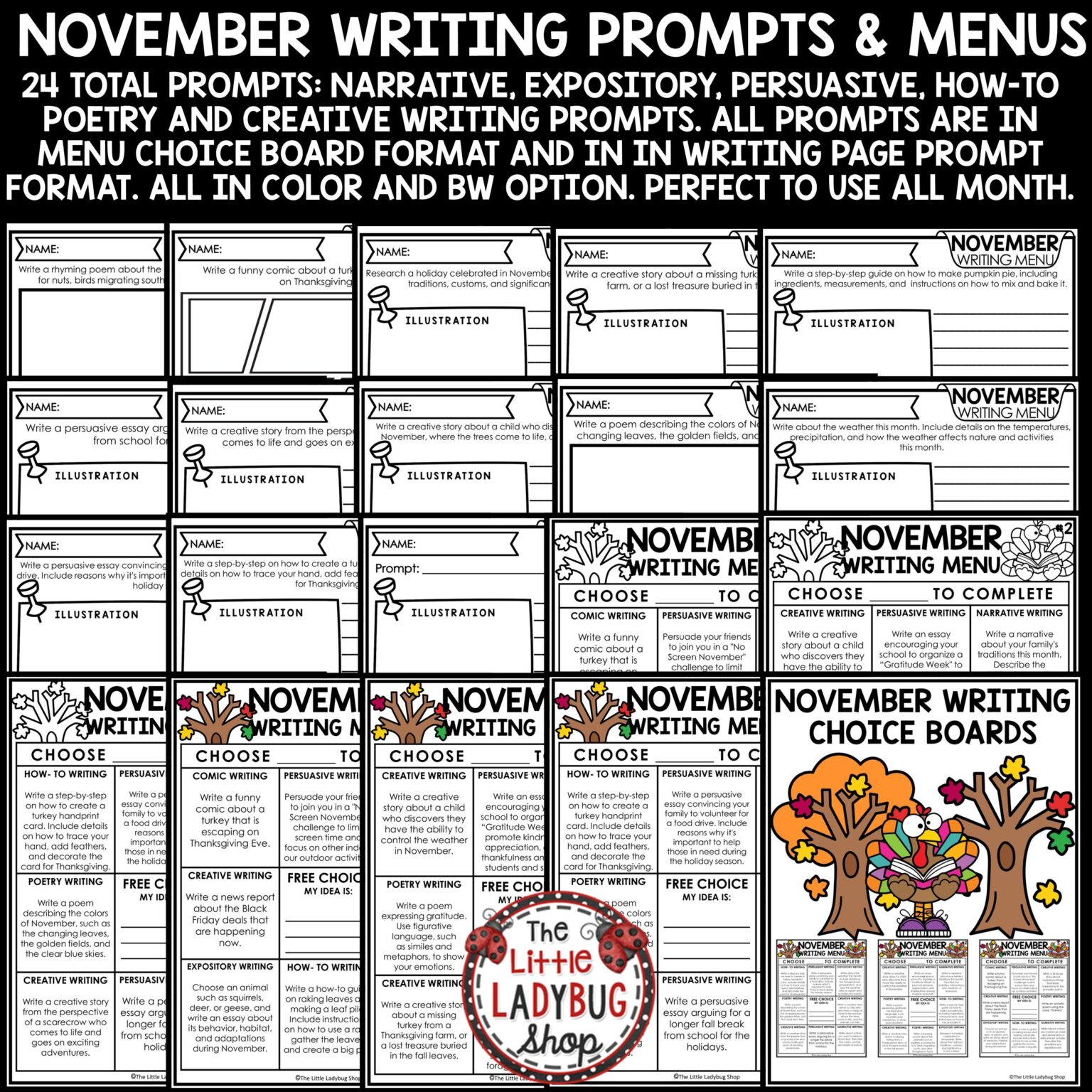 November Writing Prompts Choice Board - The Little Ladybug Shop